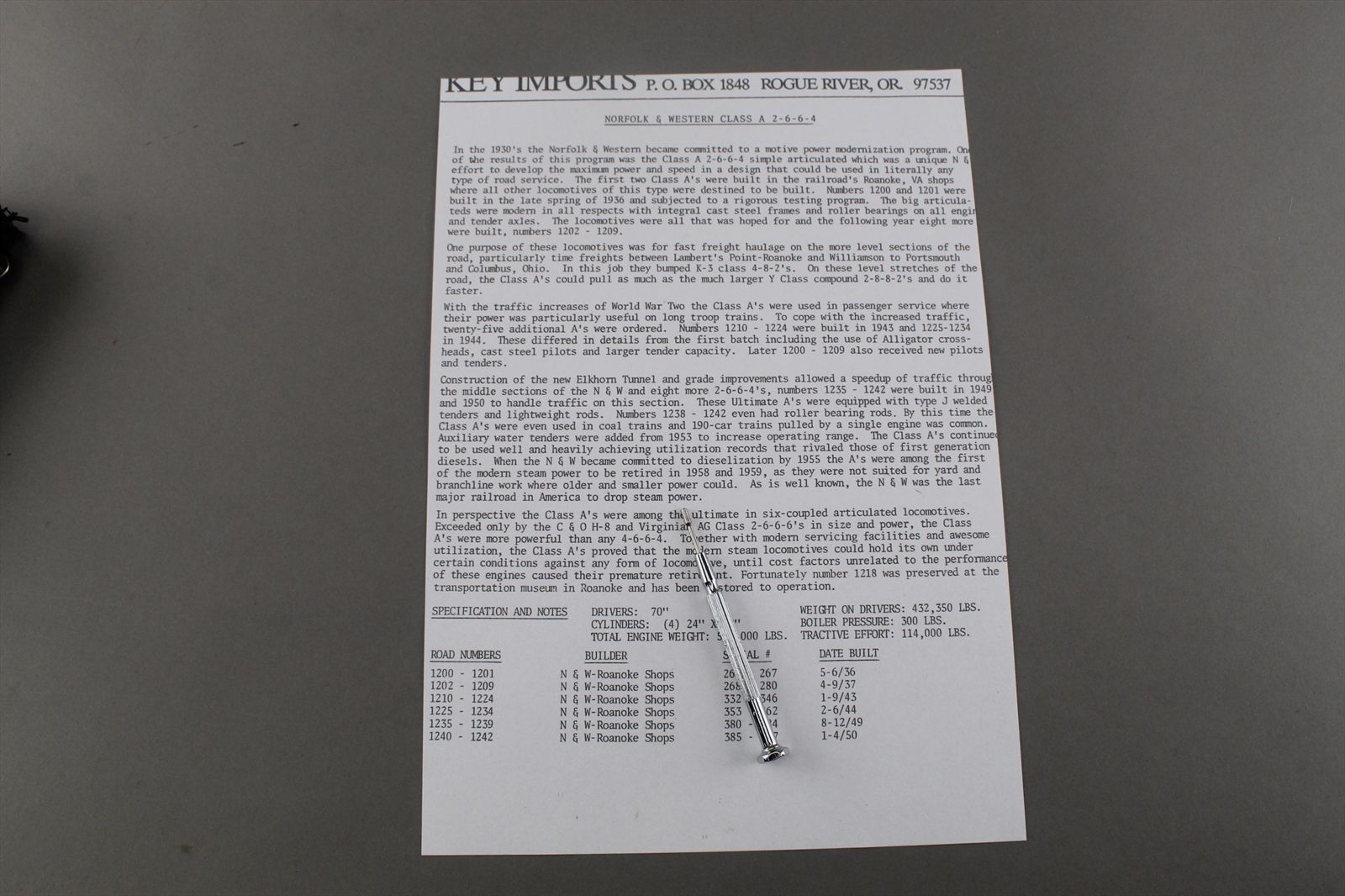 HO Brass Model - Key CS#92 N&W Norfolk & Western A 2-6-6-4 #1218 - F/P ...