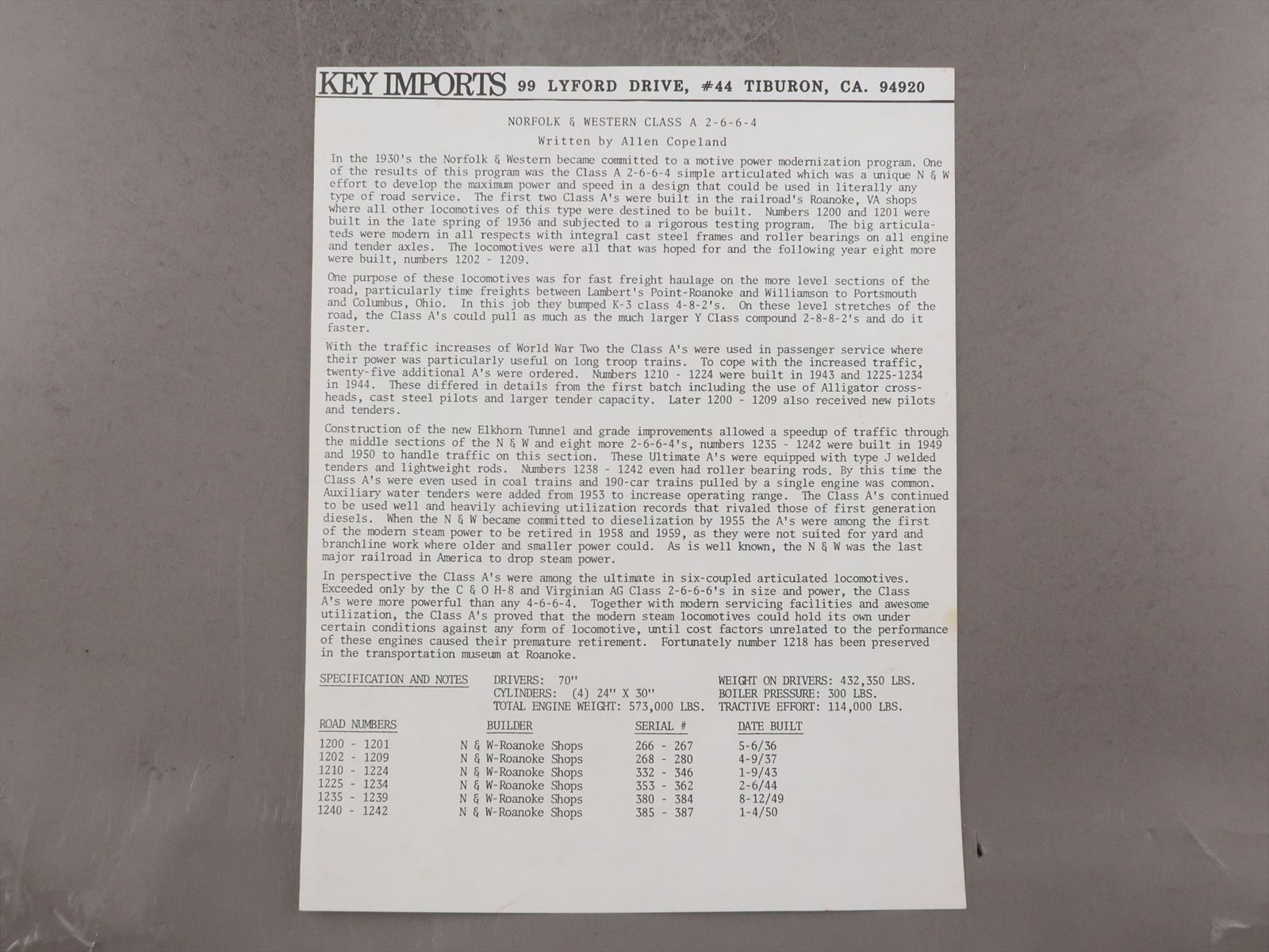 HO Brass Model - Key N&W Norfolk & Western Class A 2-6-6-4 #1210 w/Aux ...