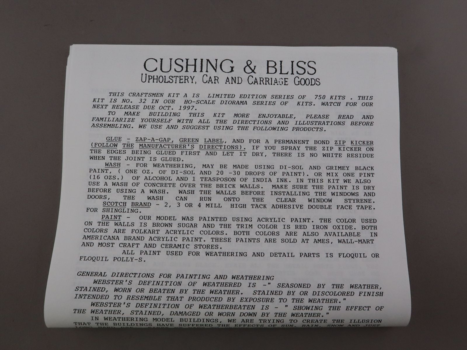 HO Craftsman Kit - Micro-Scale Models Cushing & Bliss Upholstery, Car ...