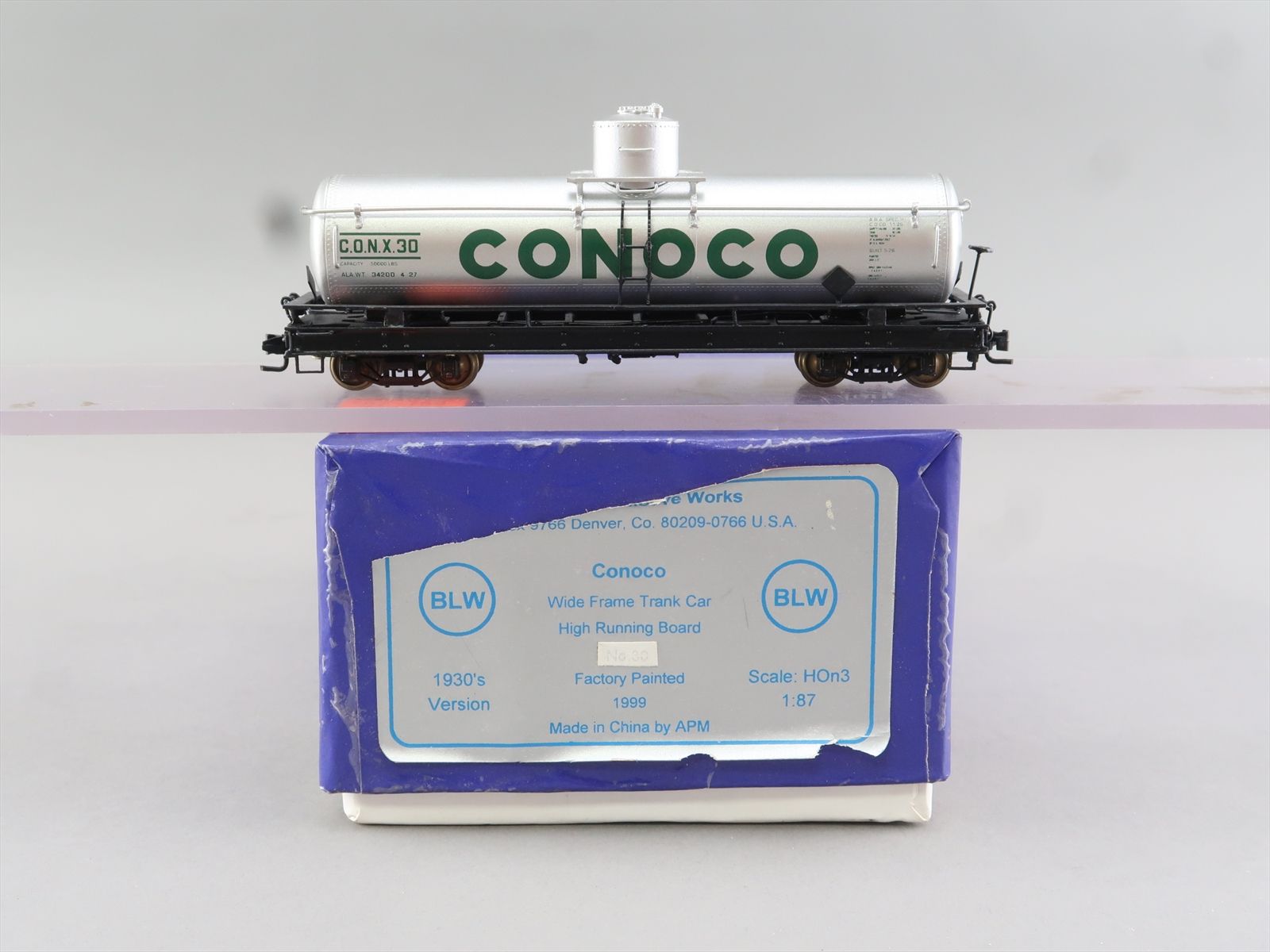 HOn3 Brass Model - BLW Berlyn Locomotive Works Conoco CONX Tank Car 1930's Version High Running ...