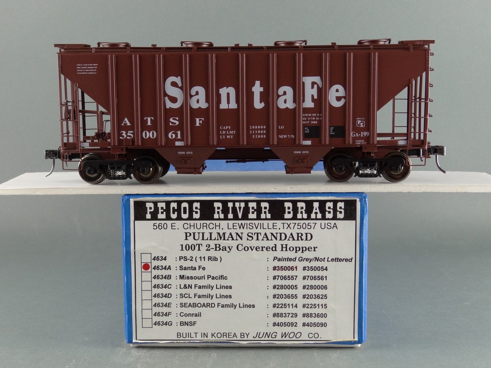 O Scale Pecos River #4634A AT&SF 100T 2-Bay Covered Hopper #350061