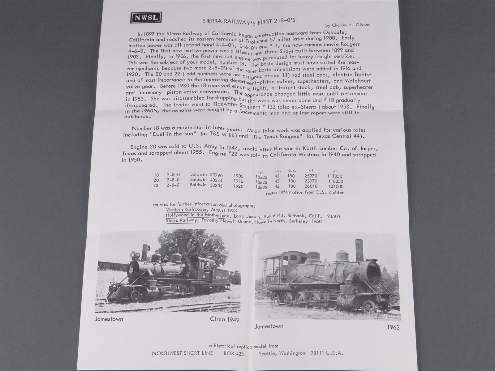 HO Brass Model Train - NWSL Sierra Railway 2-8-0 #18 - Custom Painted