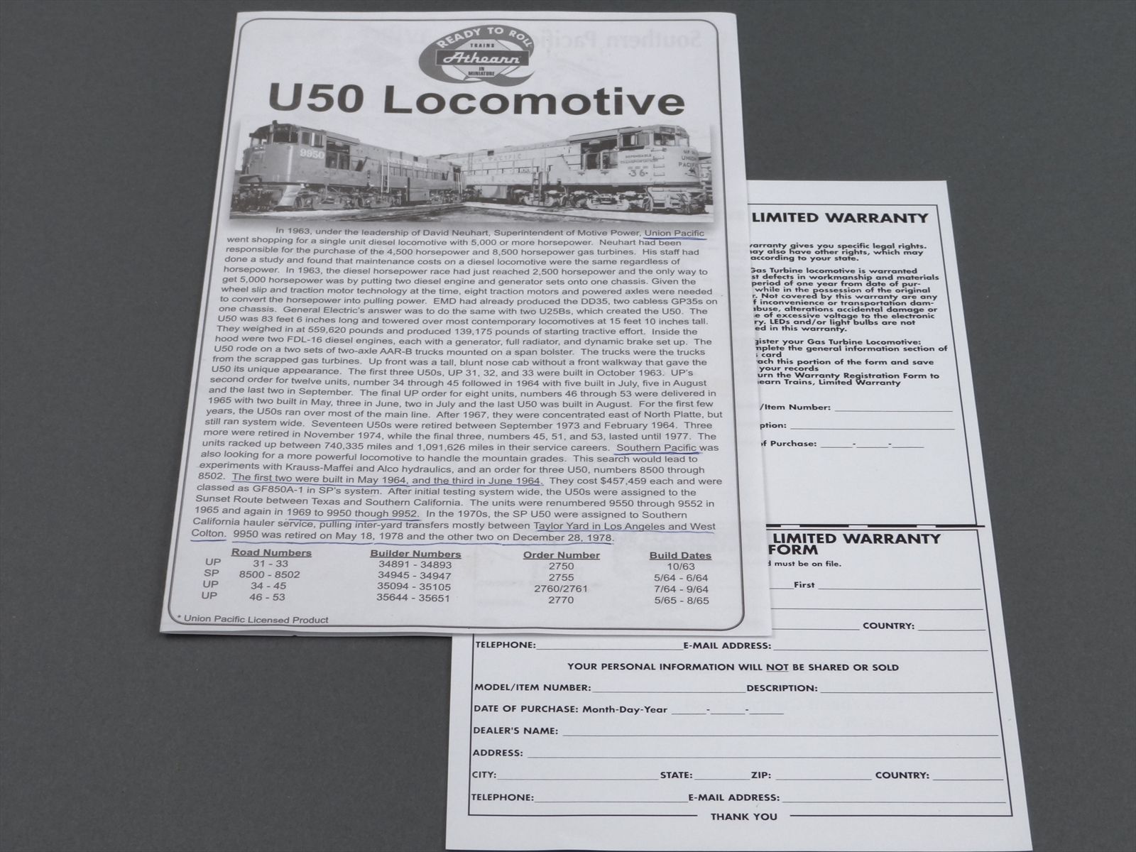 HO Scale Athearn 88679 SP Southern Pacific U50 Diesel Engine #9951