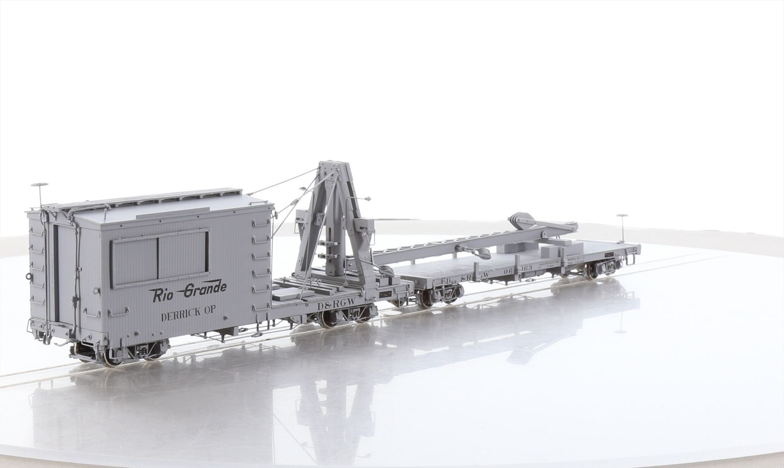 Sn3 Brass Model - DP D&RGW Rio Grande Derrick OP & Idler Flat #06063 - F/P