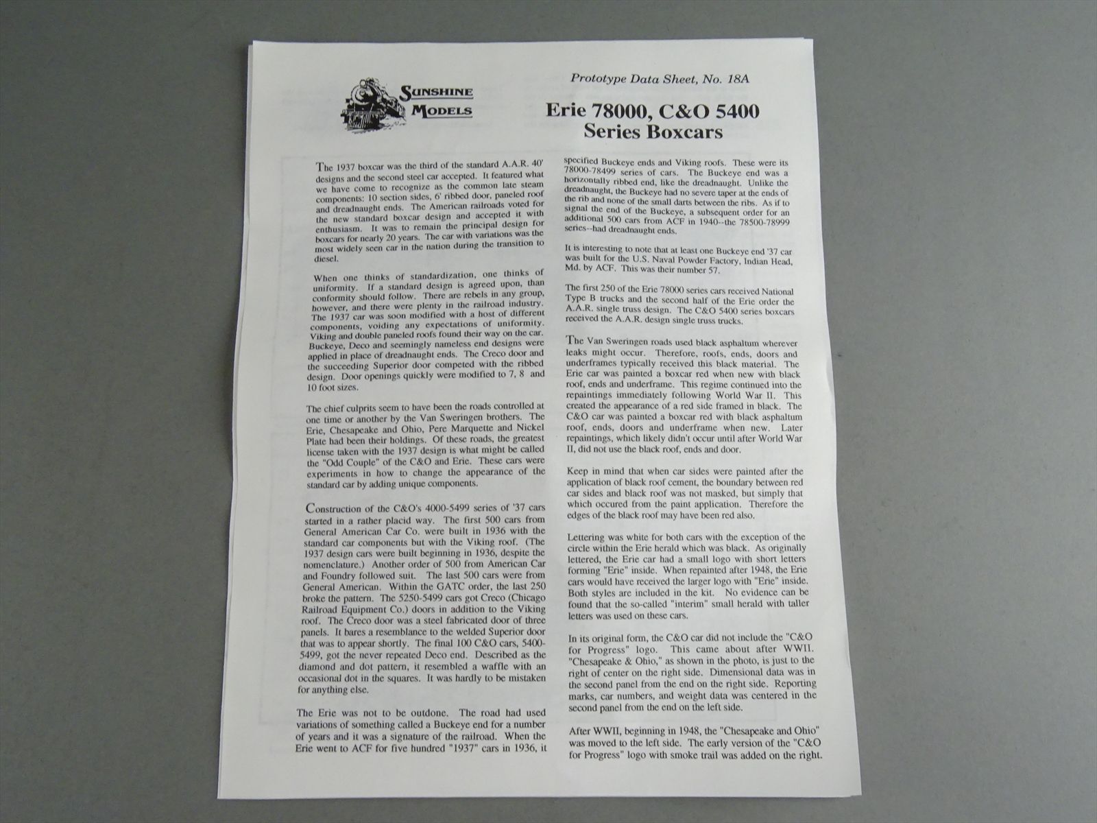 HO Model Freight Car - Sunshine Models Kit #18.2 - C&O - AAR 1937 Box ...