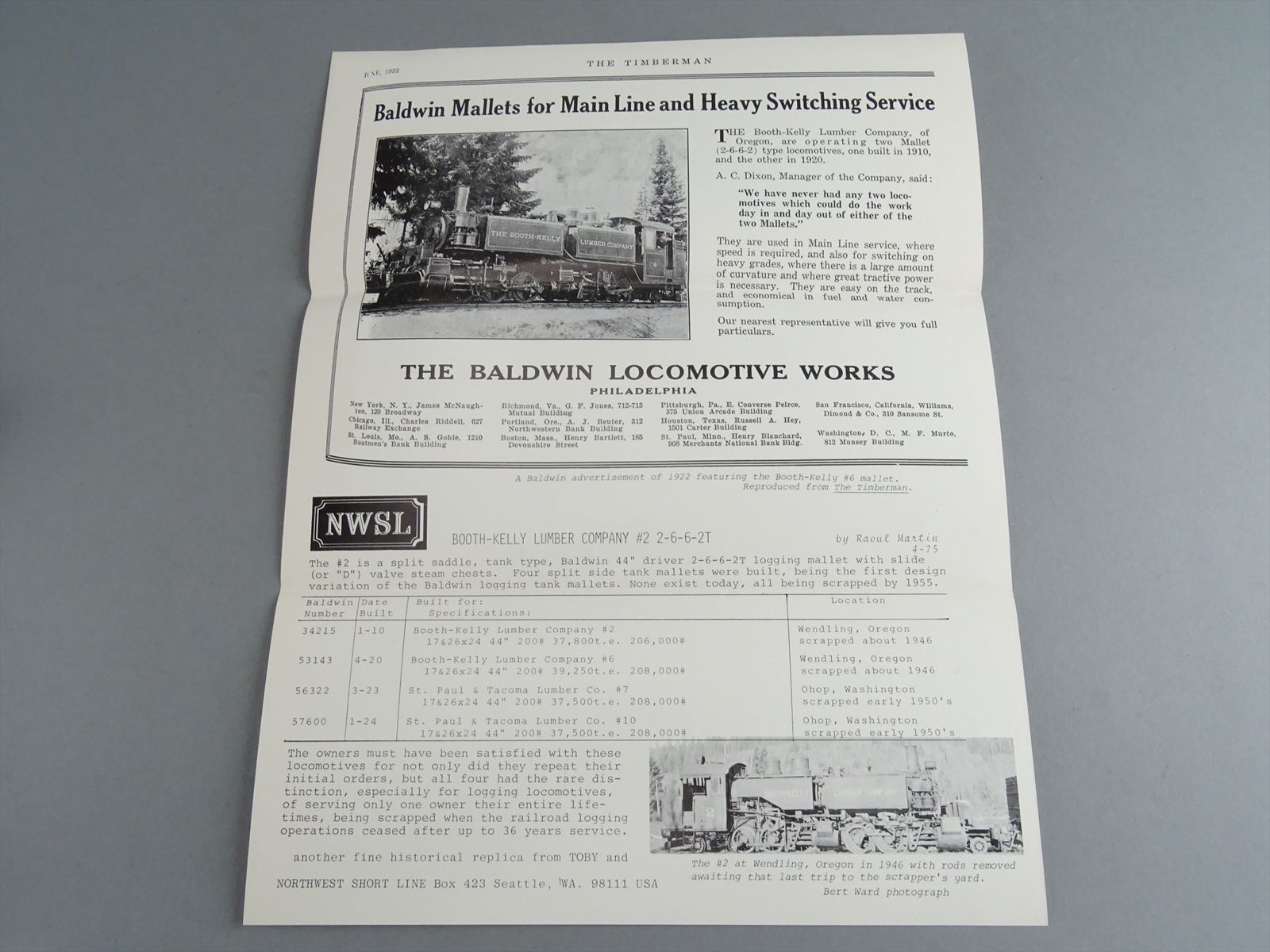 HO Brass Model - NWSL Booth Kelly 2-6-6-2T First Tank Logging Mallet #2 ...