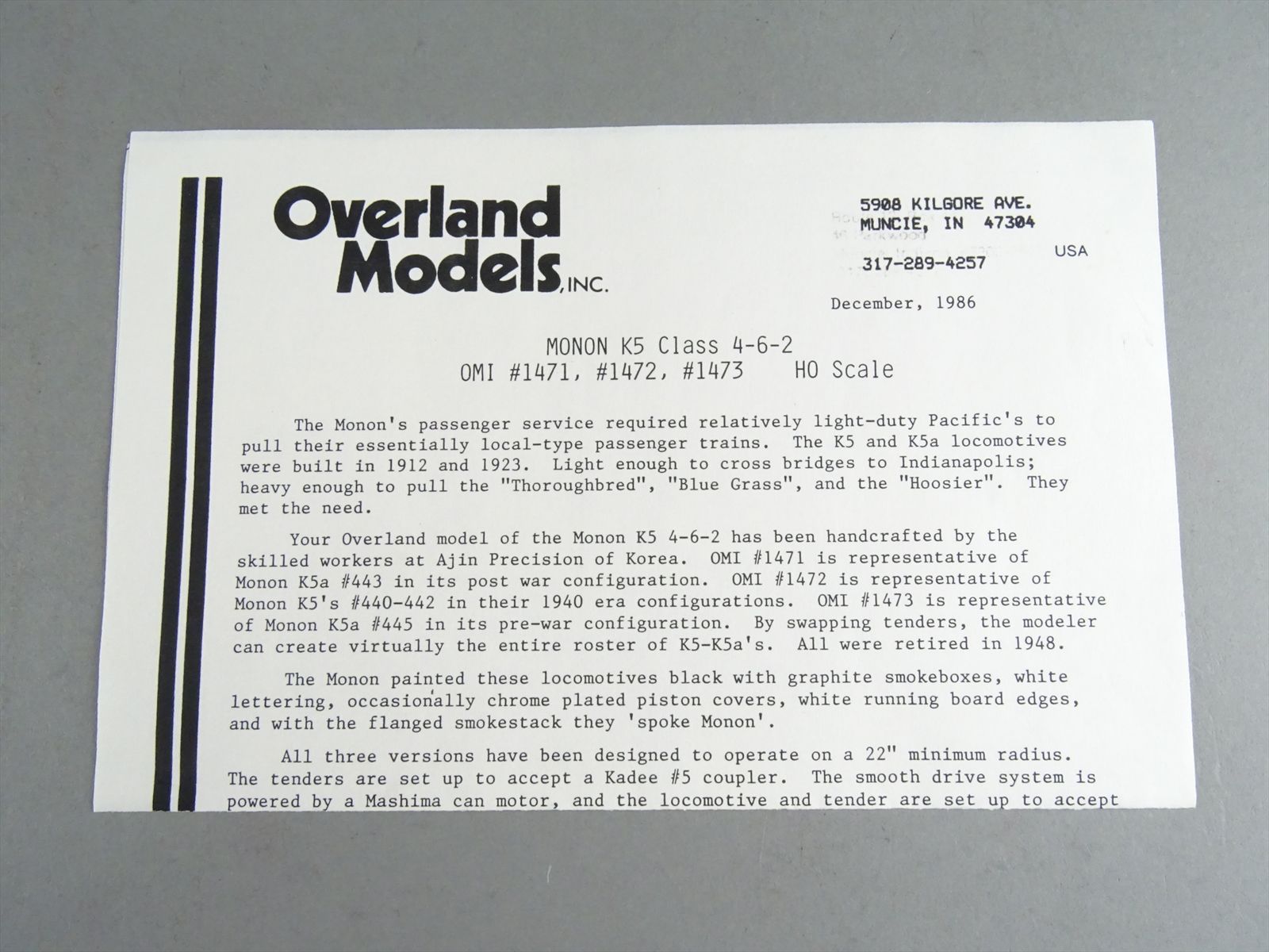 HO Brass Model - OMI 1471 C&IL Monon K-5a 4-6-2 #443 Post War - Custom