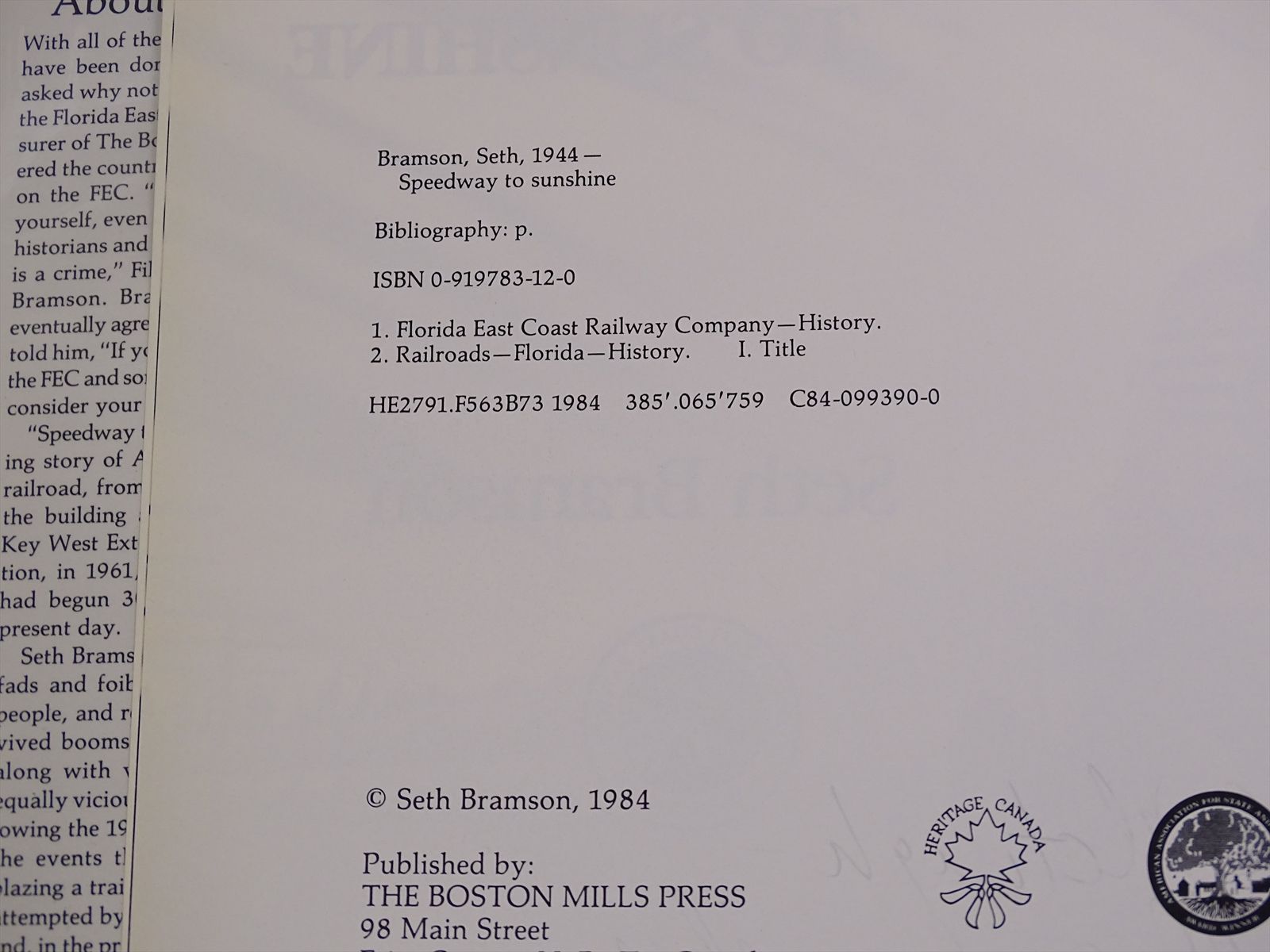 Railroad Book - Speedway to Sunshine - Seth H. Bramson - 320 pages