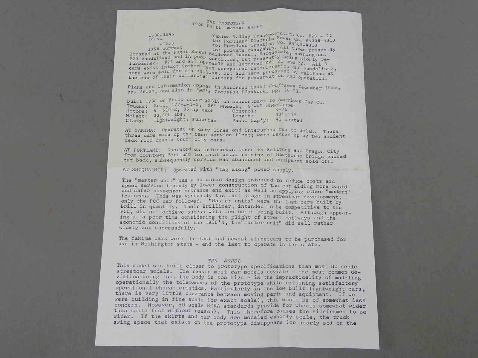 HO Brass Model - NWSL / Fairfield 1930 Brill Master Unit Yakima ...