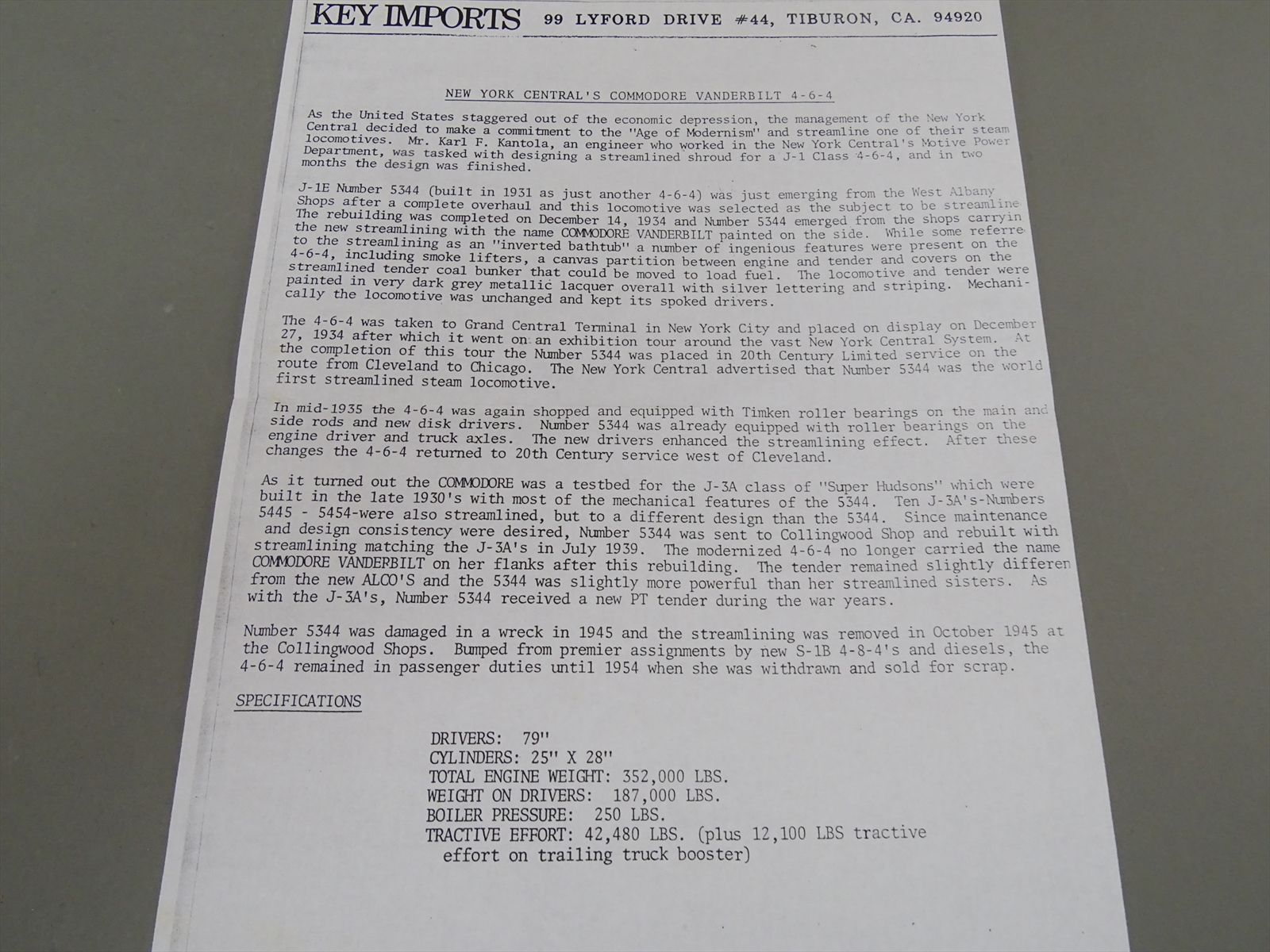 HO Brass Model - Key NYC New York Central 4-6-4 Commodore Vanderbilt ...