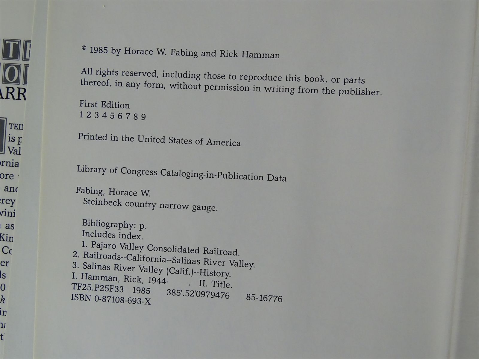 Railroad Book - Steinbeck Country Narrow Gauge - Fabing & Hamman - 236 ...