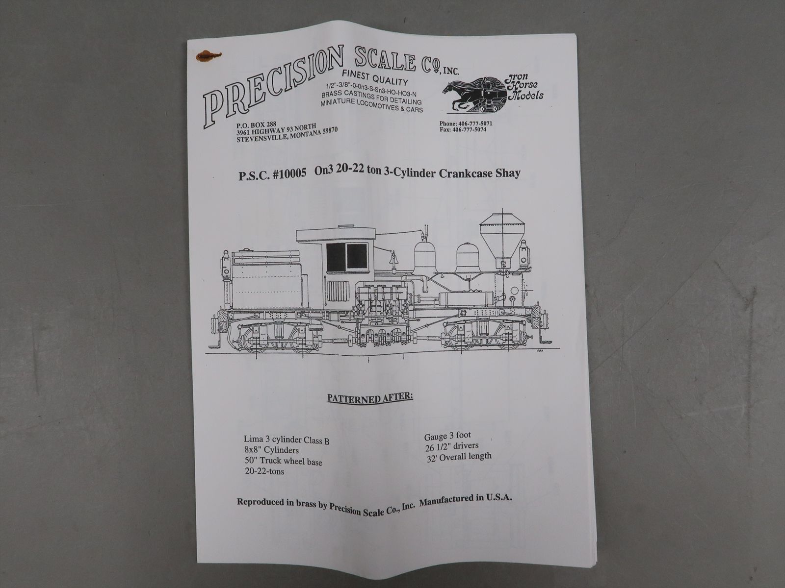 On3 Brass Model Kit - PSC 10005 Class B 20-Ton Wood Burner Shay - Unpainted