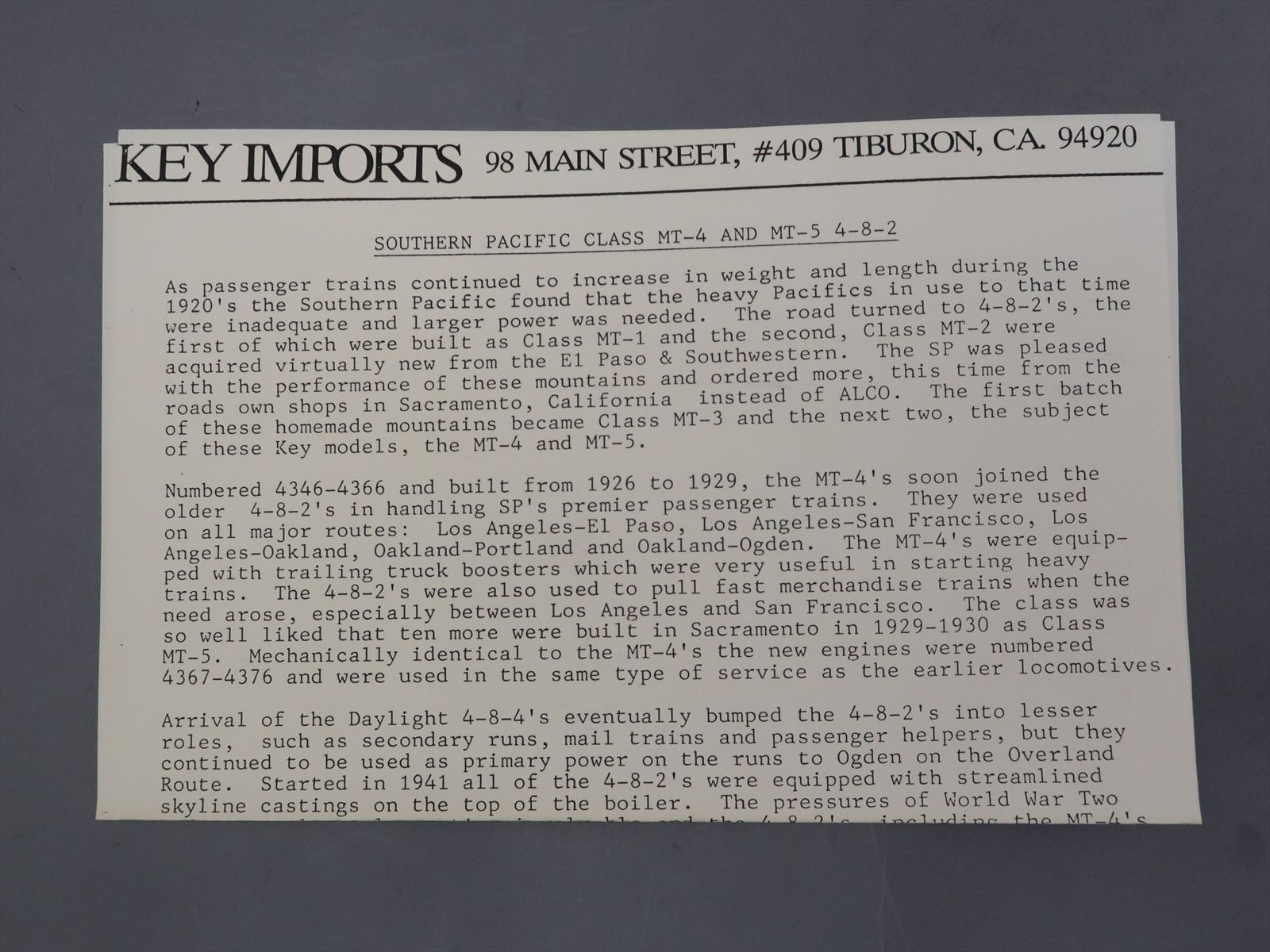 HO Brass Model - Key CS#67 SP Southern Pacific MT-4 4-8-2 #4361 Partial ...