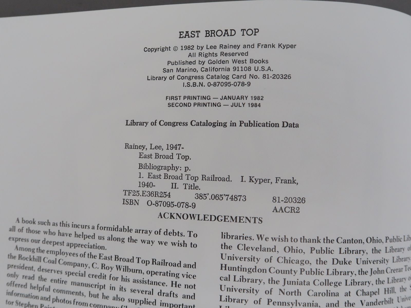 Railroad Book - East Broad Top - Lee Rainey & Frank Kyper - 256 Pages