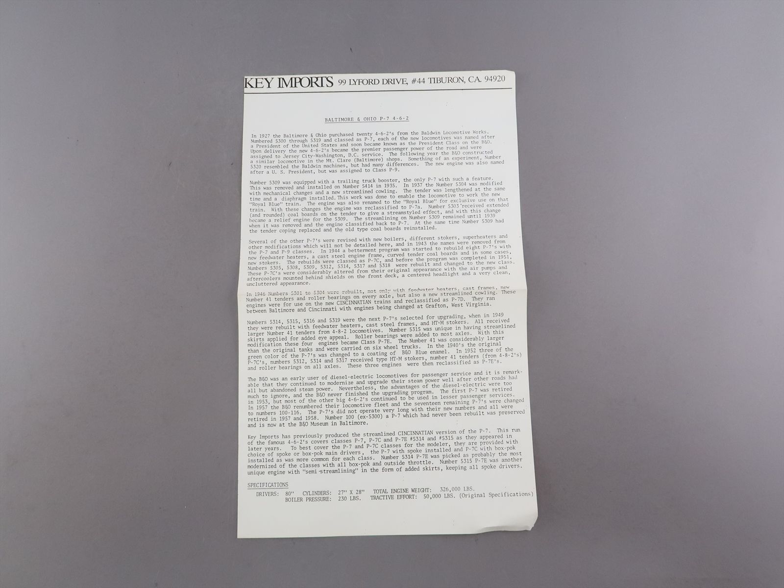 HO Brass Model - Key CS#47 B&O Baltimore & Ohio P7C 4-6-2 #5305 - F/P ...