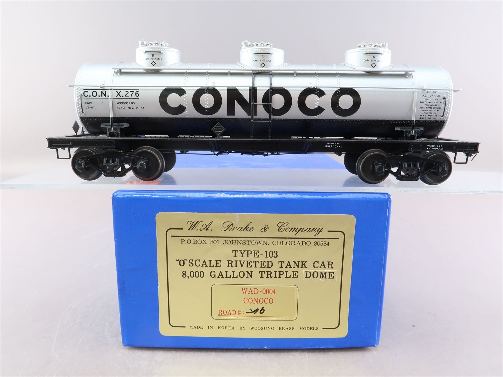 O Brass Model - WAD Drake WAD-0004 CONX Conoco Triple Dome Tank Car 8,000 Gallon Riveted Type ...